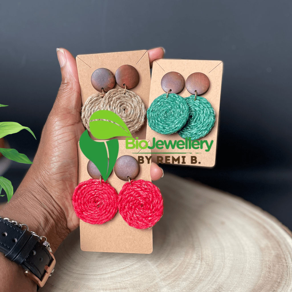 Handwoven Jute and Wood Drop Stud Earrings - Bio Jewellery by Remi